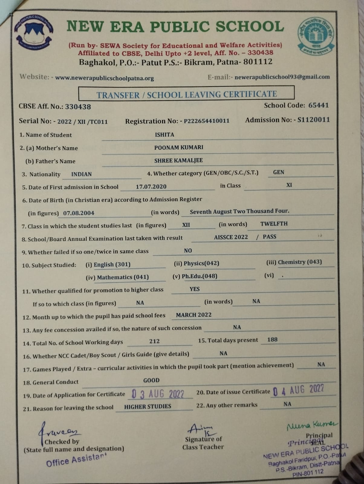 TC of Class- XII Students : 2022 (AISSCE: 2022) – NEW ERA PUBLIC SCHOOL